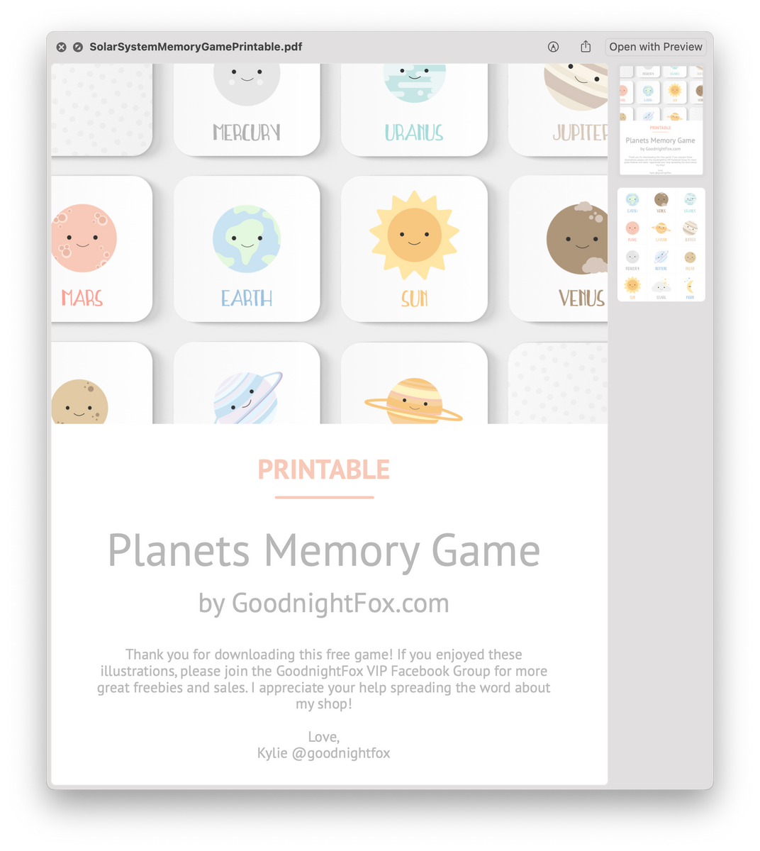 Planets Printable Memory Game – GoodnightFox
